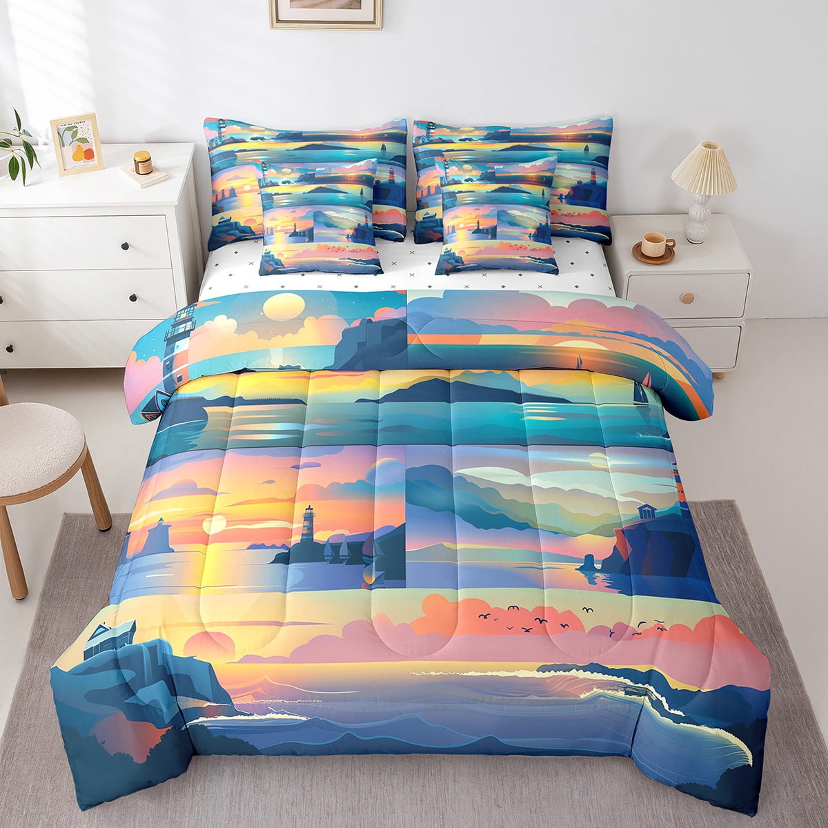 Natural Landscape Bed In A Bag Oil Painting Art Comforter Set 7 Pcs Lighthouse Sunset Bedding ...