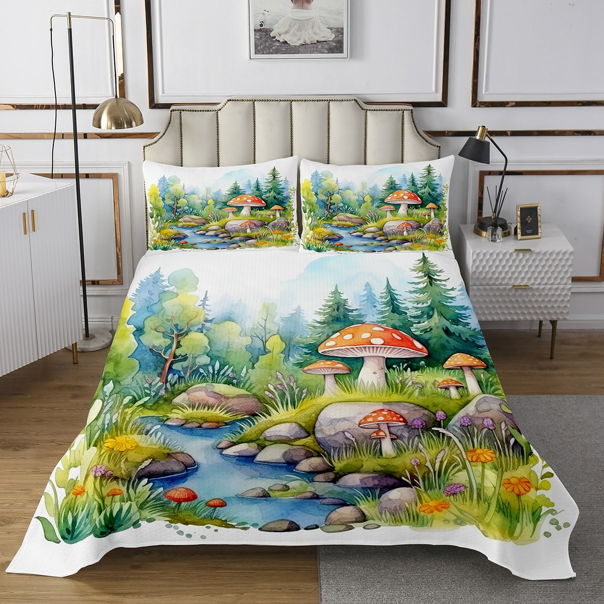 YST Nature Mushrooms Bedspread Set Botanical Trees Flower Coverlet Set ...