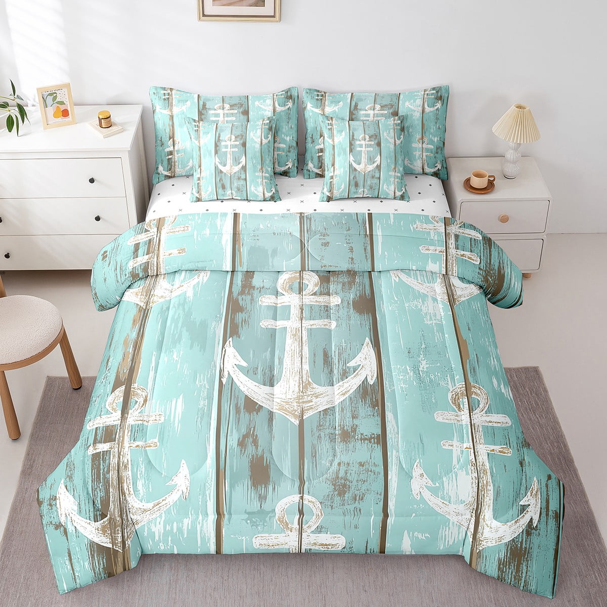 Nautical Anchor Bed in a Bag Full Comforter Set 7 Piece,Teal Ocean ...