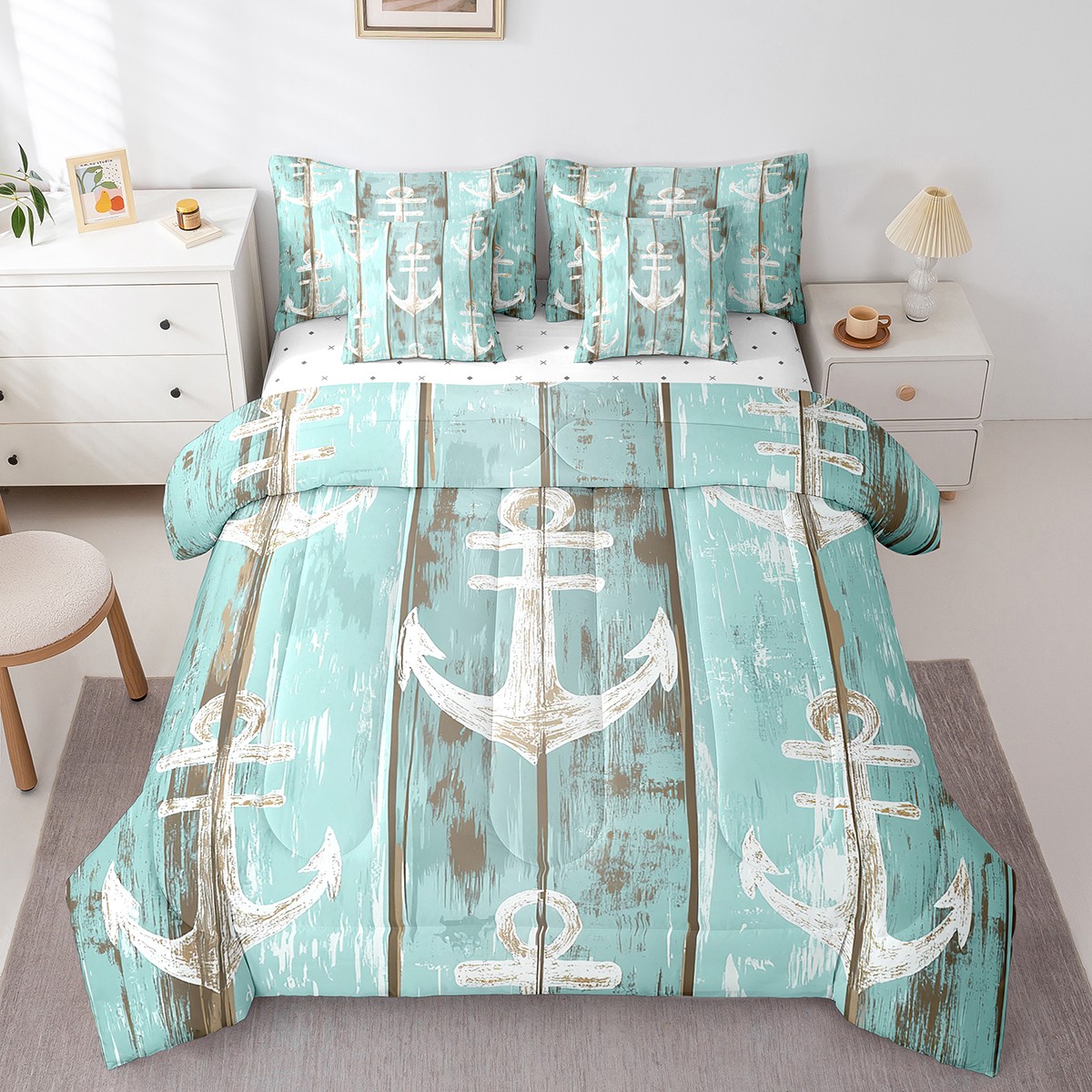 Nautical Anchor Bed in a Bag Queen Comforter Set 7 Piece,Teal Ocean ...