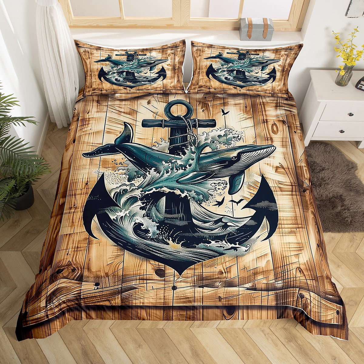 YST Nautical Anchor Bed Set Brown and Navy Blue Duvet Cover, Marine ...