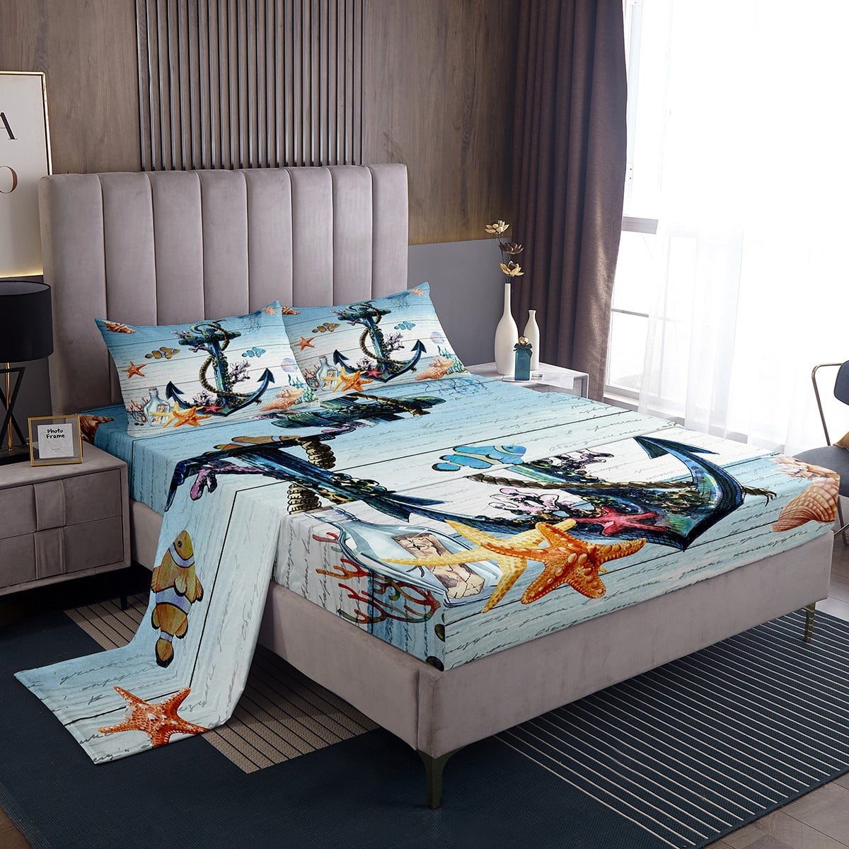 YST Nautical Anchor Bed Set Ocean Themed Bed Sheets Set, Starfish ...