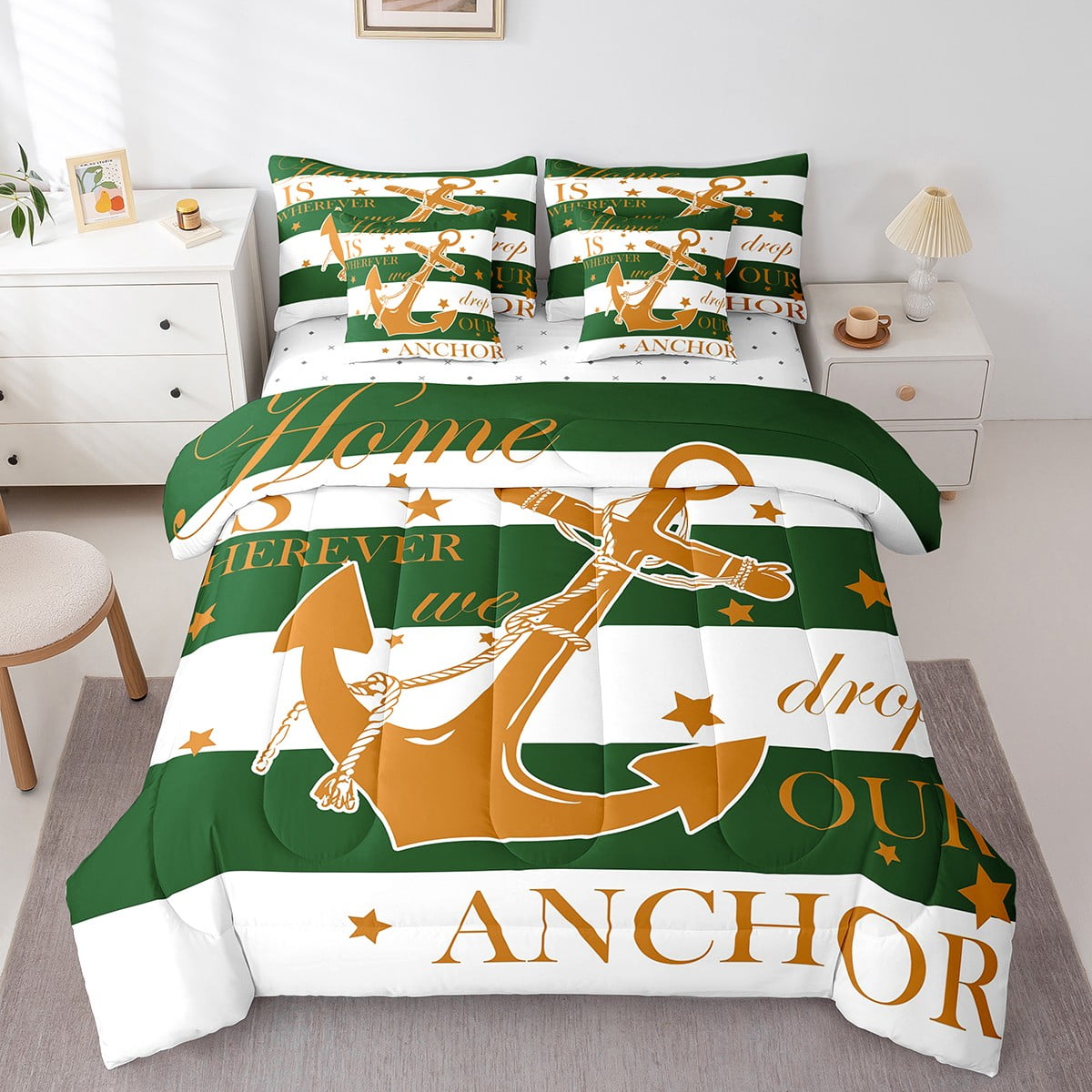 Nautical Anchor Bedding Set ,Green Geometric Stripes 7 Piece Comforter ...
