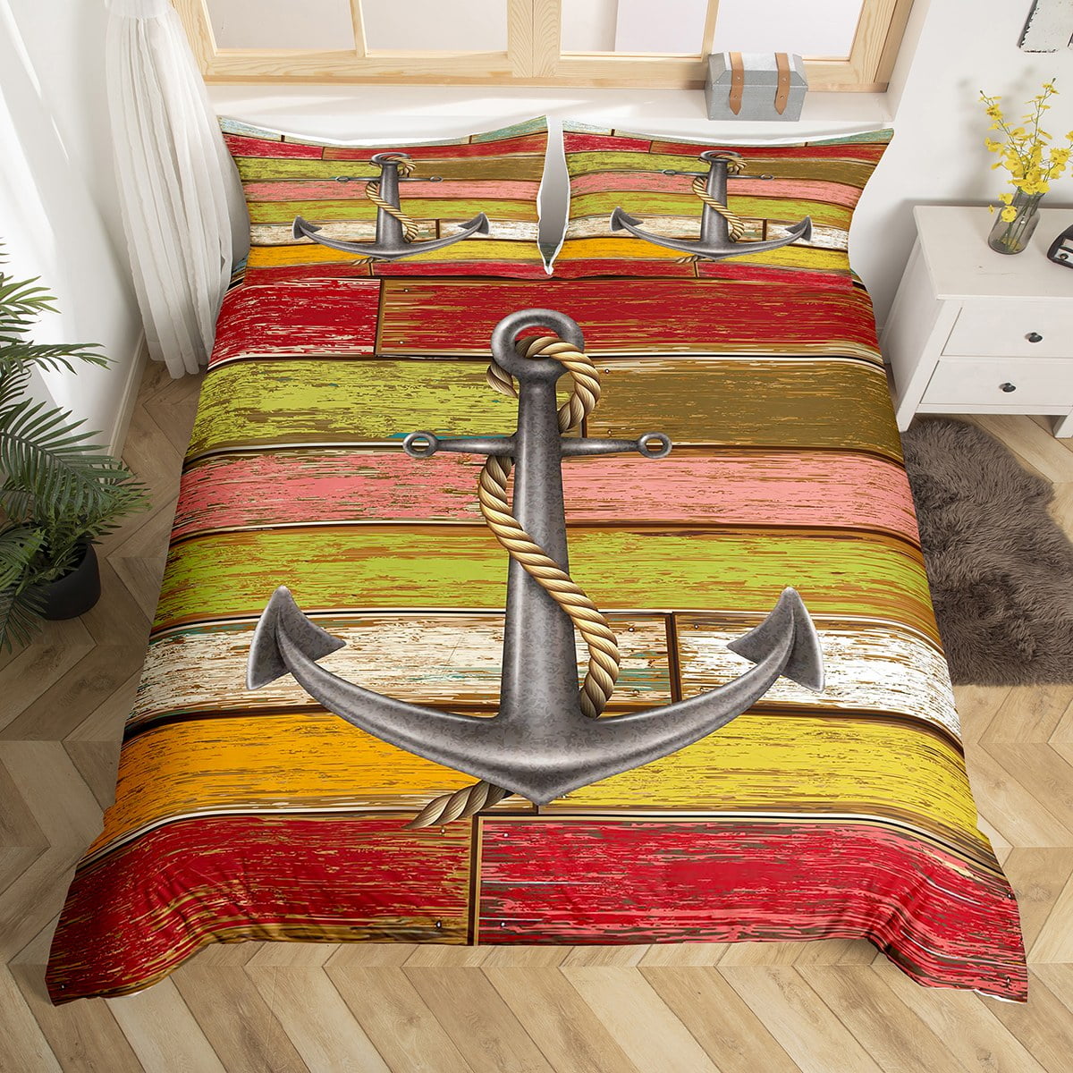 YST Nautical Anchor Bedding Sets Queen Rustic Farmhouse Comforter Cover ...