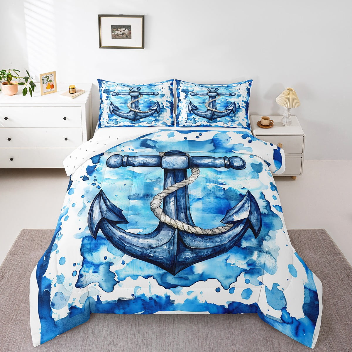 YST Nautical Anchor Comforter Set Blue Ocean Theme Full Bedding Set For ...