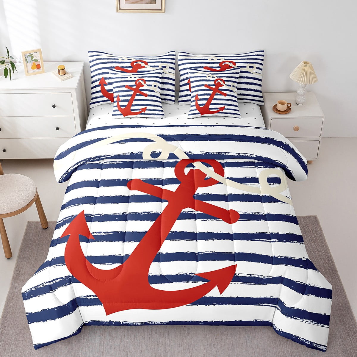 Nautical Anchor Comforter Set King 7 Piece Red White and Navy Blue ...