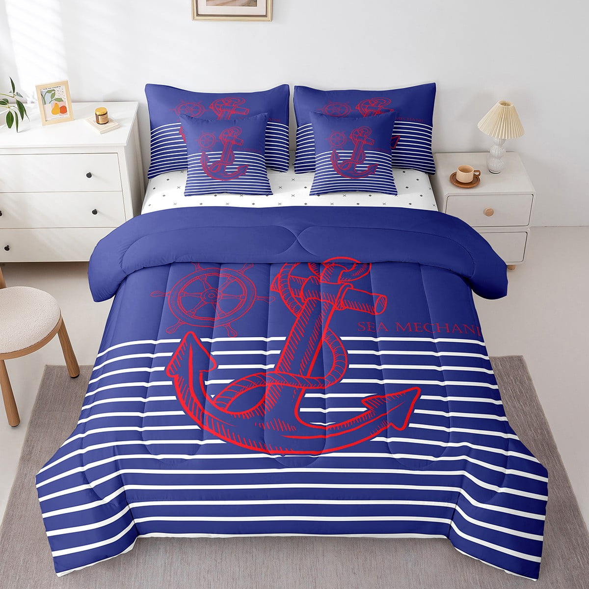 YST Nautical Anchor Comforter Set Queen 7 Piece Red White and Navy Blue ...