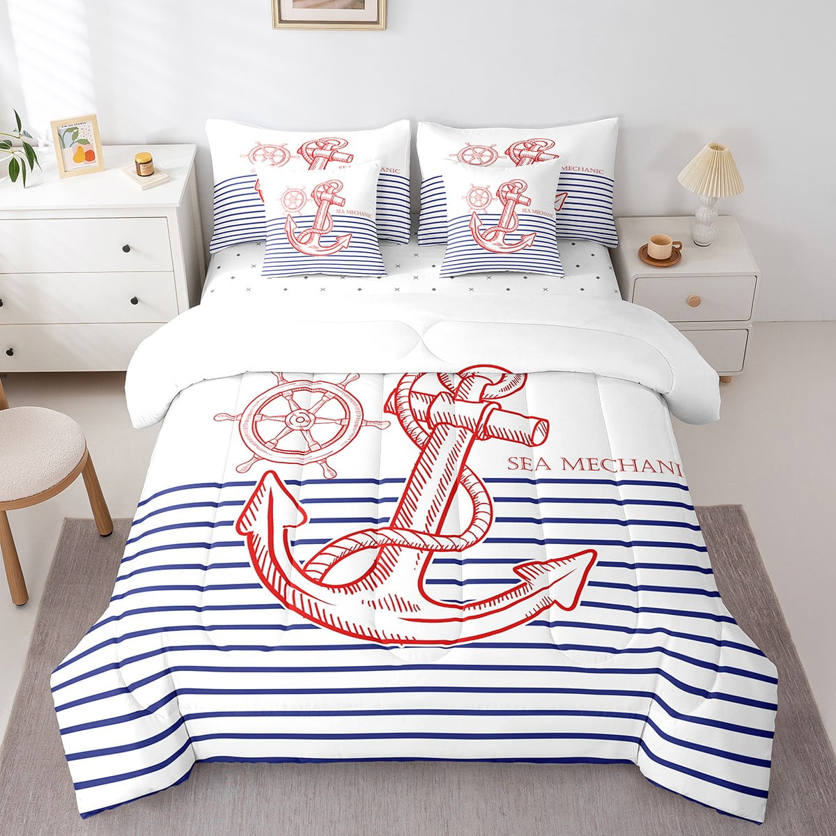 YST Nautical Anchor Comforter Set Twin 7 Piece Red White and Blue Striped Bed in a Bag Marine ...