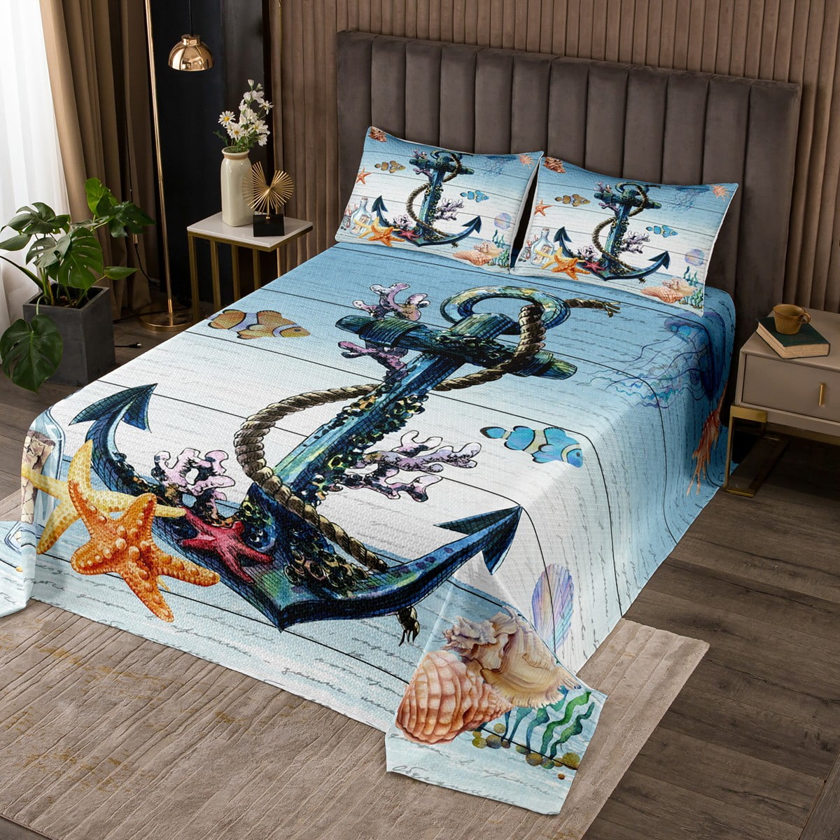 Nautical Anchor Queen Bedspread Set Ocean Themed Quilt Set, Starfish ...