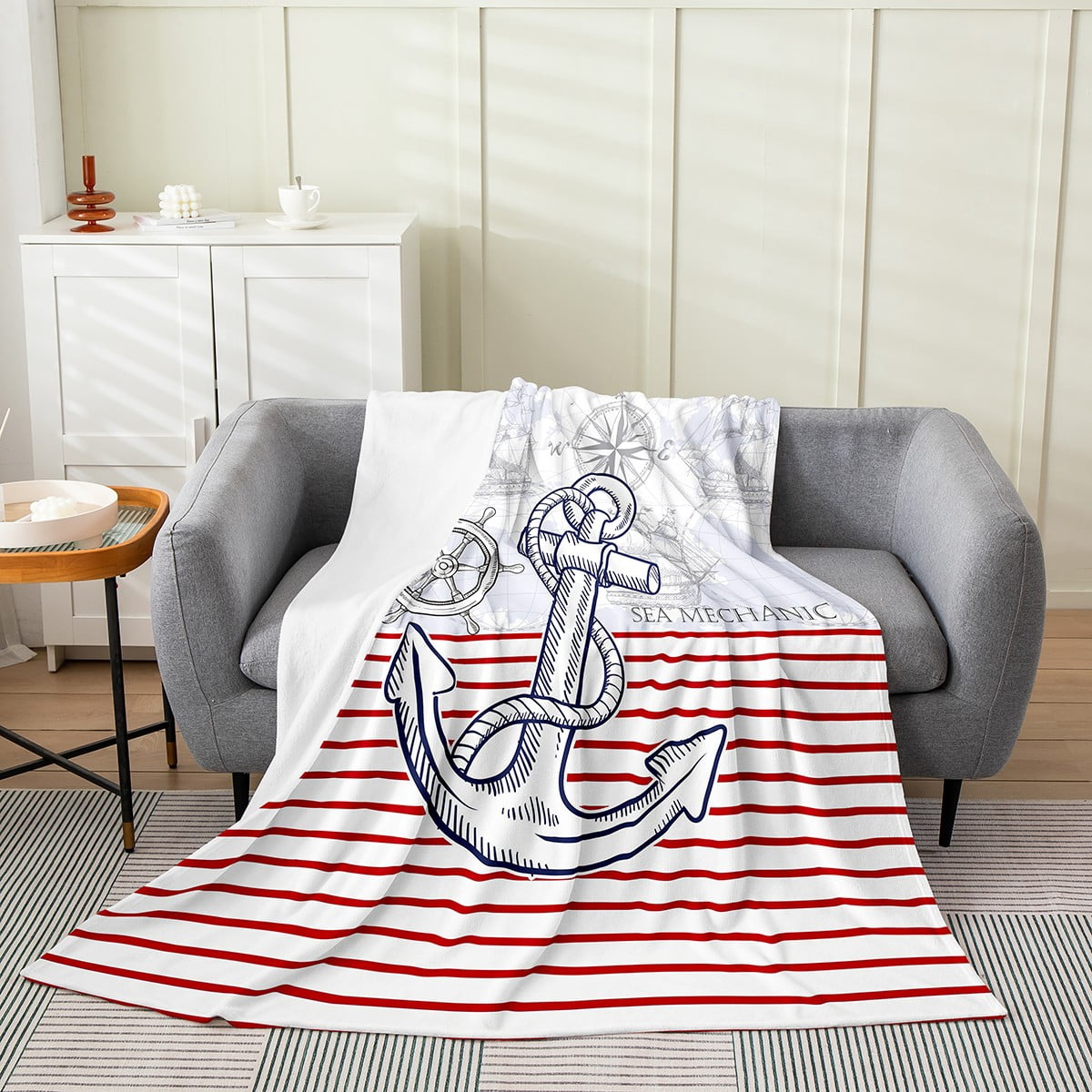Nautical Anchor Throw Blanket for Western,Ocean Compass Fleece Blanket ...