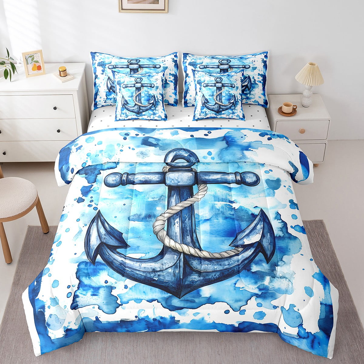 YST Nautical Anchor Twin Comforter Set 7 Piece Blue Ocean Theme Bedding Set For Kids Boys Girls ...