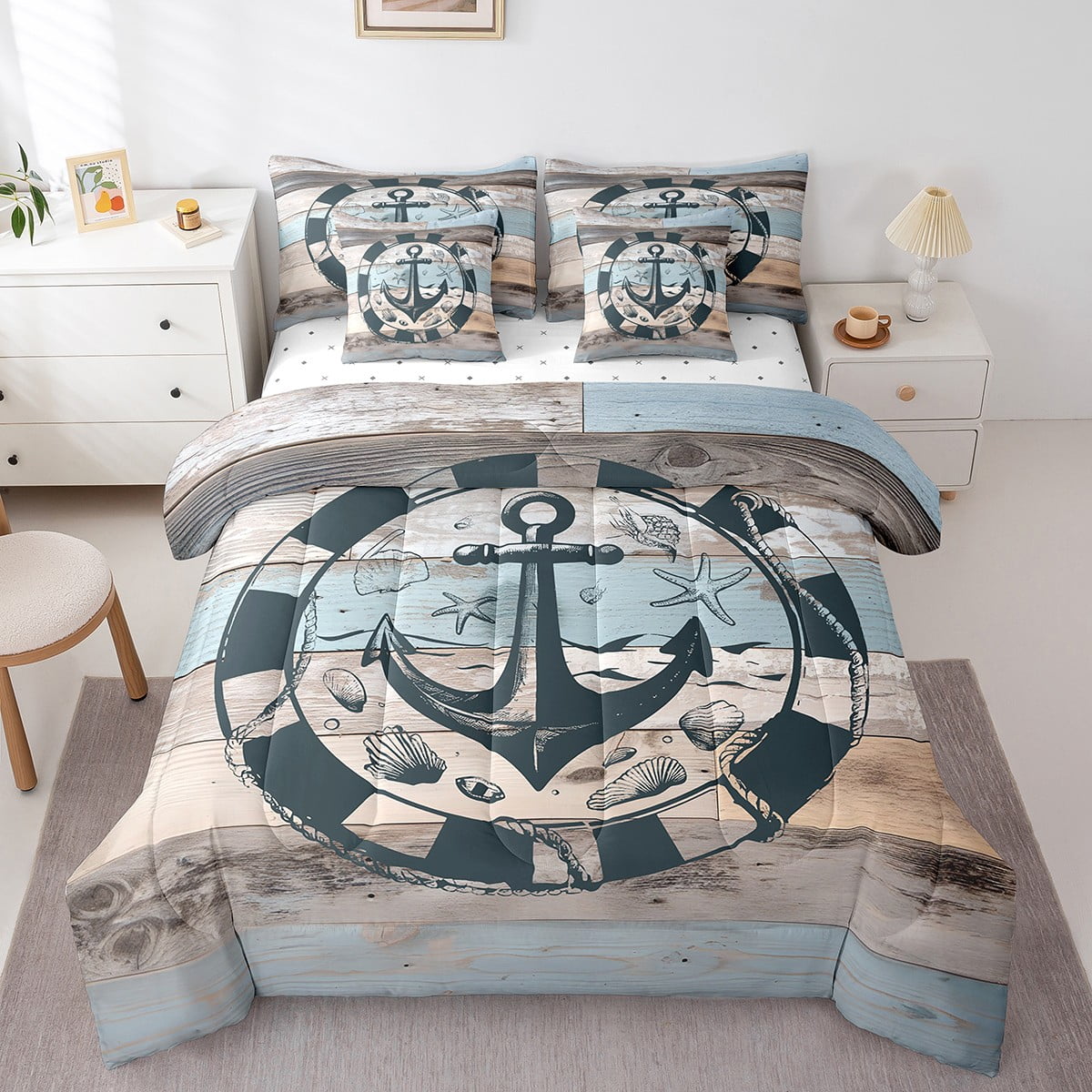 YST Nautical Bed in A Bag Twin,Vintage Anchor Comforter Set for Kids Boys Girls,Grunge Wooden ...