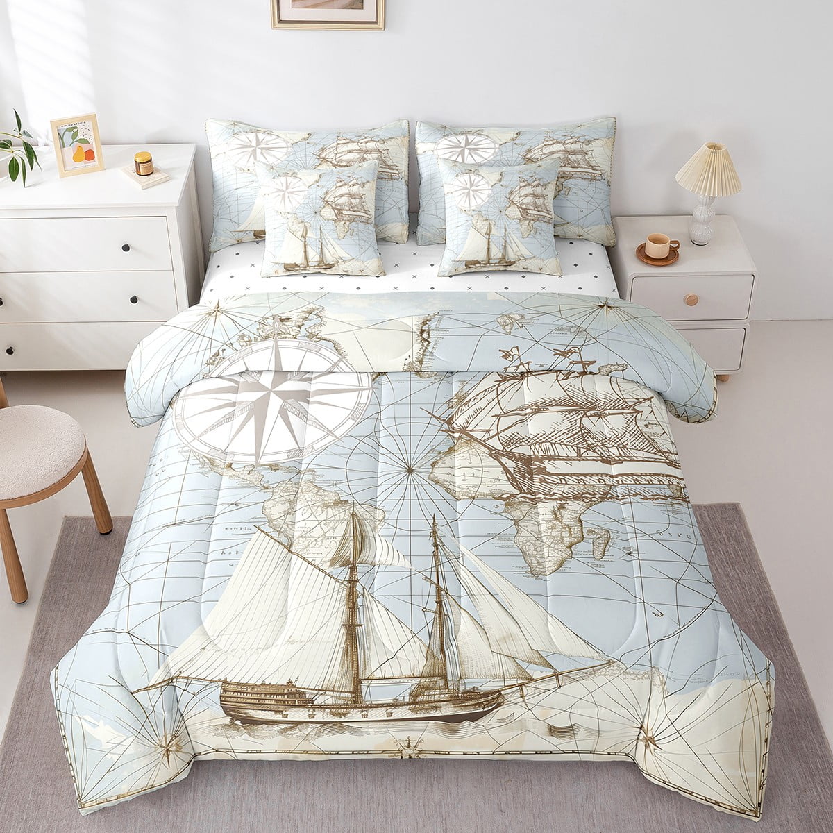 Nautical Bed in a Bag Twin,World Map 7 Piece Comforter Set ,Retro ...