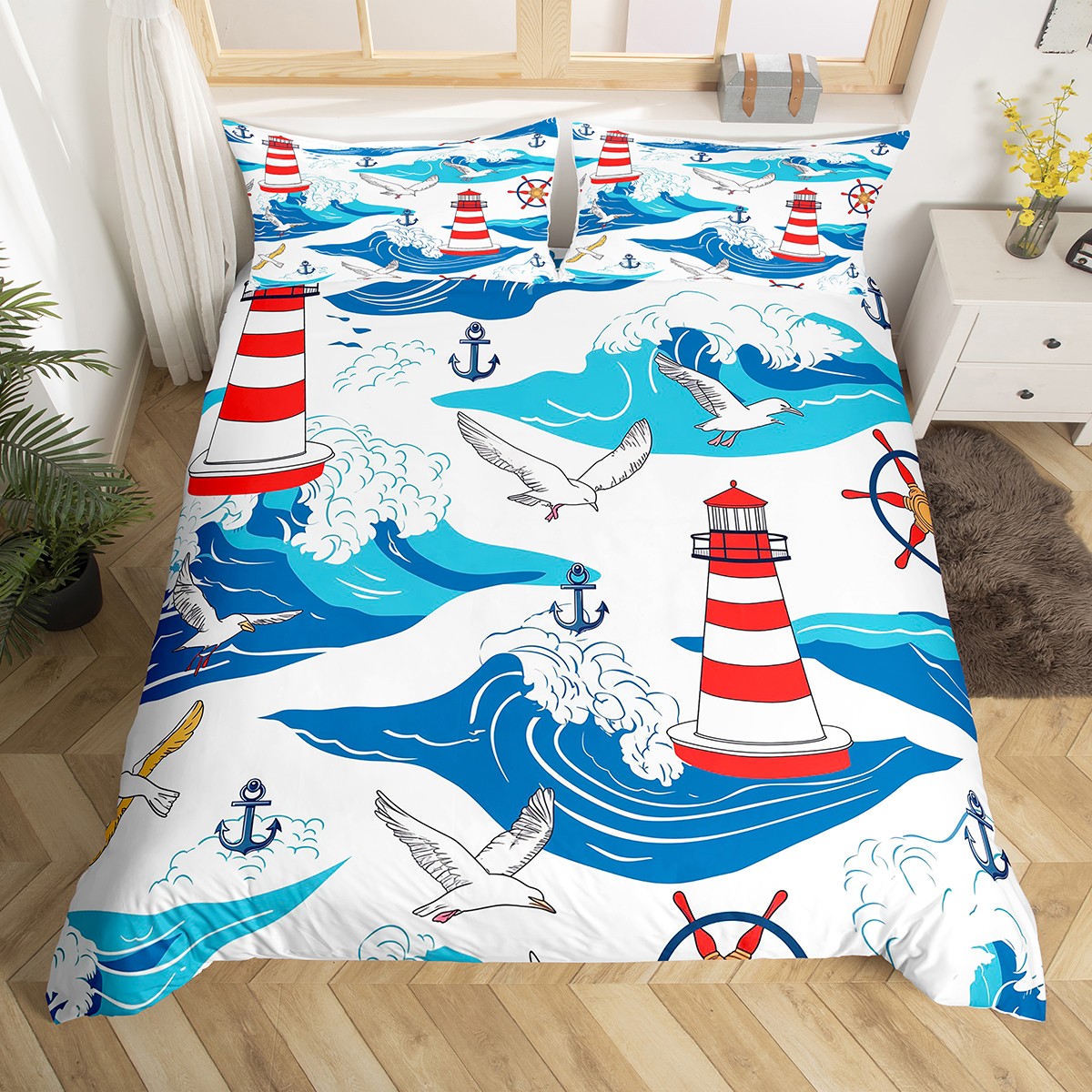 YST Nautical Lighthouse Bedding King Size Sea Ocean Wave Comforter ...