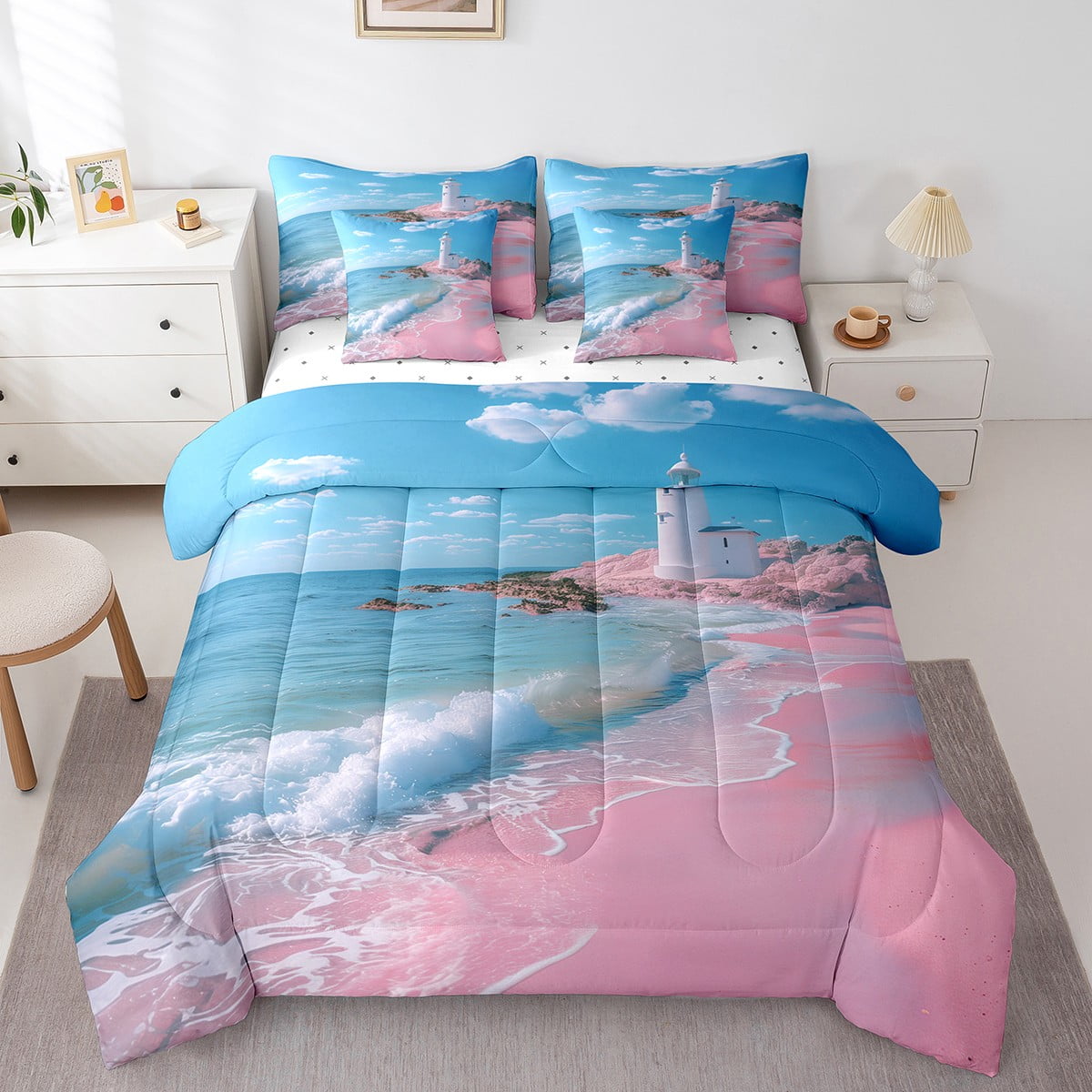 Nautical Lighthouse Bedding Sets 7-Piece King Sea Wave Comforter Set ...