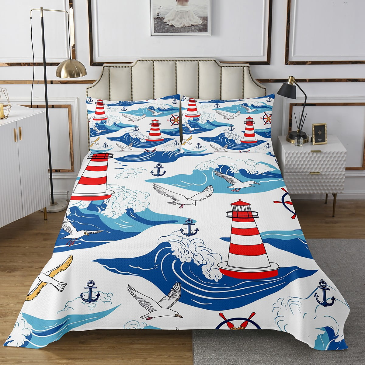 YST Nautical Lighthouse Twin Quilt Set Sea Ocean Wave Coverlet Set ...