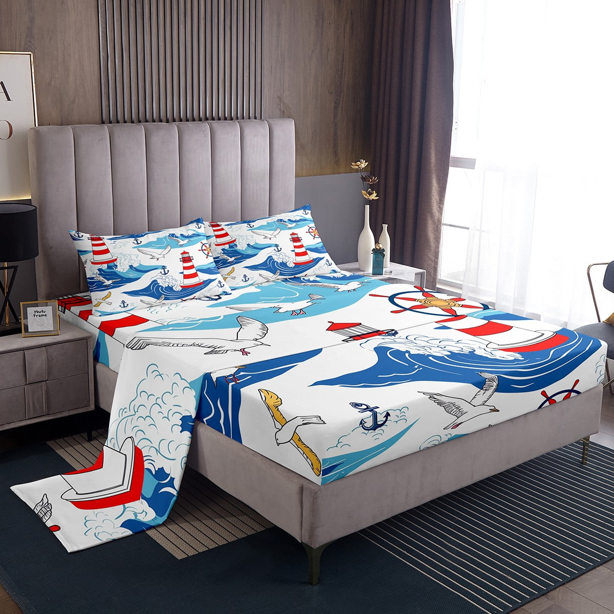 YST Nautical Lighthouse Twin Sheets Sea Ocean Wave Bed Set, Cartoon ...