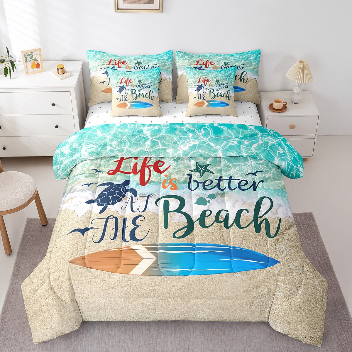 Nautical Ocean Comforter Set Queen,Summer Beach Bed in A Bag,Coastal ...