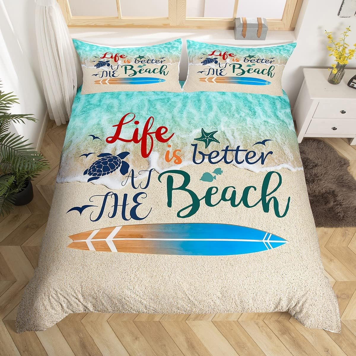 YST Nautical Ocean Themed Duvet Cover Queen,Summer Beach Bedding Set for Youth,Surfboard Sea ...