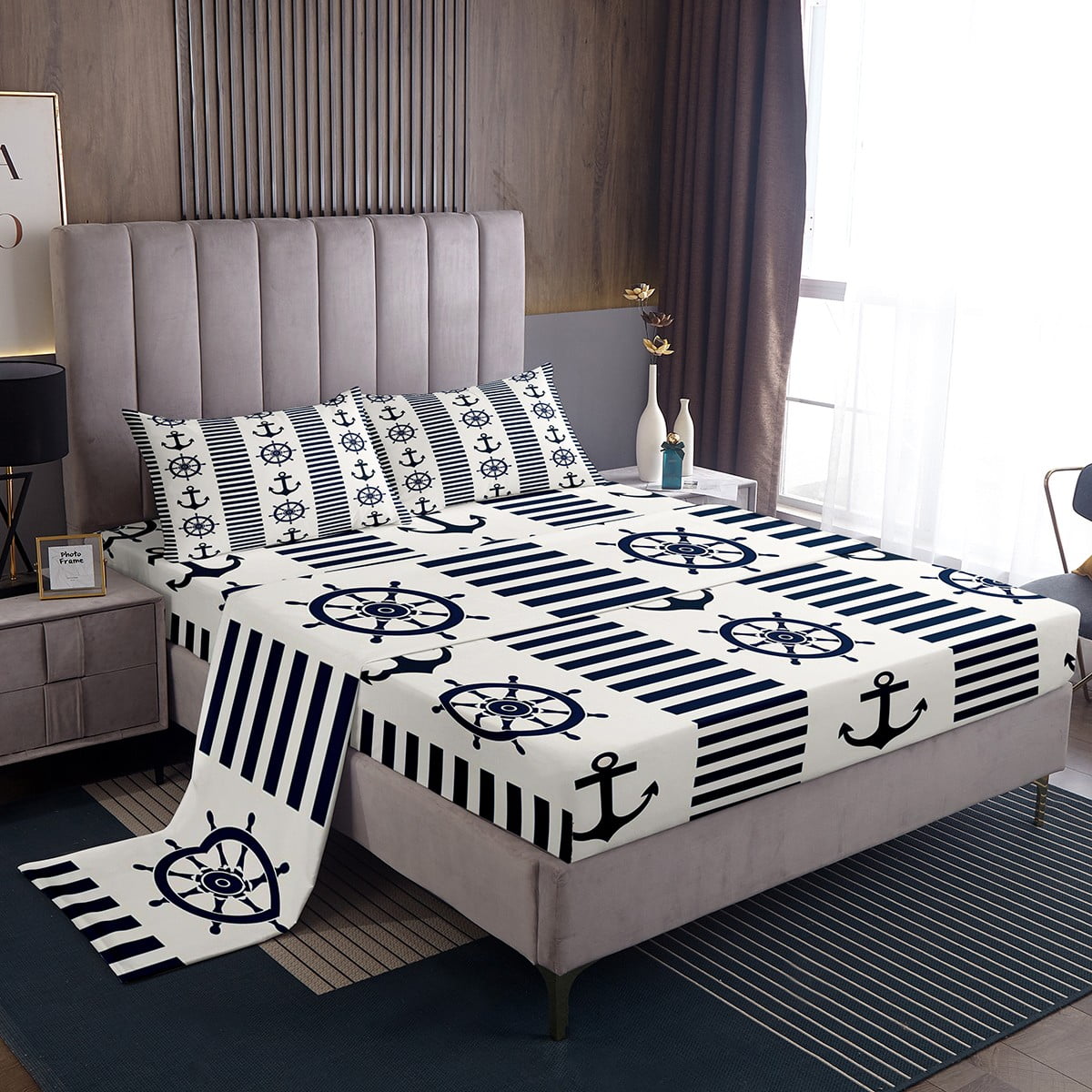 Nautical Striped Bed Sheets Set King Anchor Rudder Sheet Set Men Navy ...
