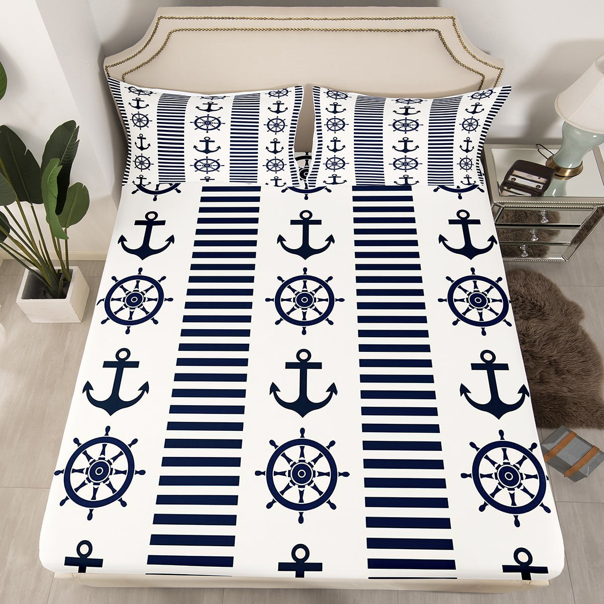 YST Nautical Striped Fitted Sheet Twin Anchor Rudder Fitted Sheet For ...