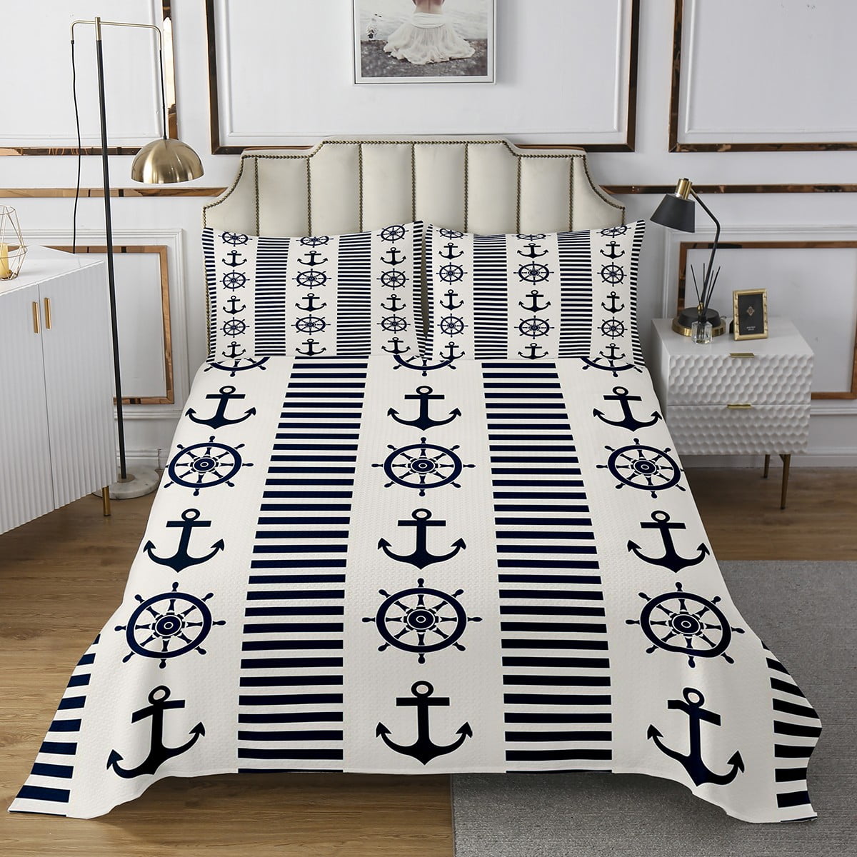 Nautical Striped Quilt Set Twin Anchor Rudder Bedspread Set Men Navy ...