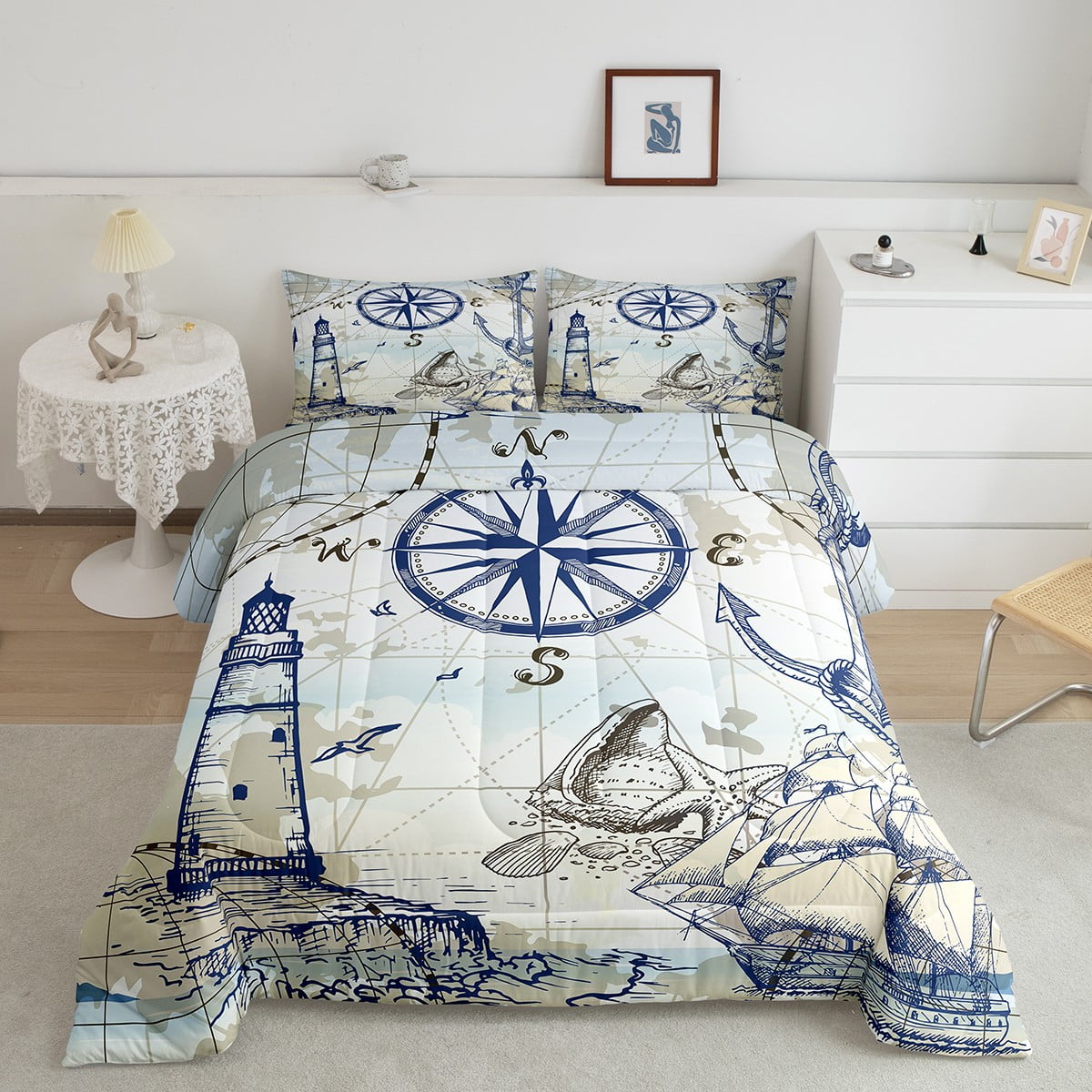 Nautical Theme Bedding Set Queen Ocean Sea Comforter Set, Vintage Lighthouse Anchor Duvet Insert ...