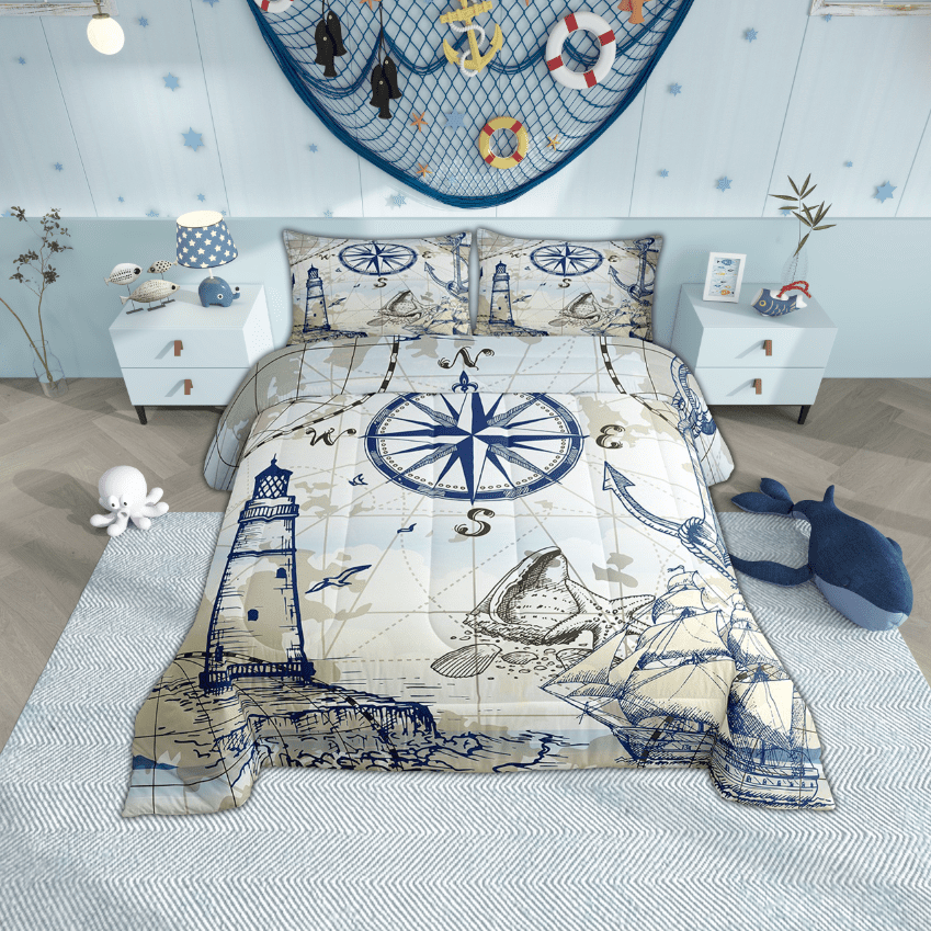 Nautical Theme Bedding Set Queen Ocean Sea Comforter Set, Vintage ...