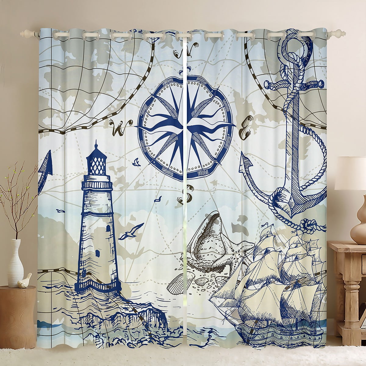 Nautical Theme Curtains Ocean Sea Curtains & Drapes, Vintage Lighthouse ...