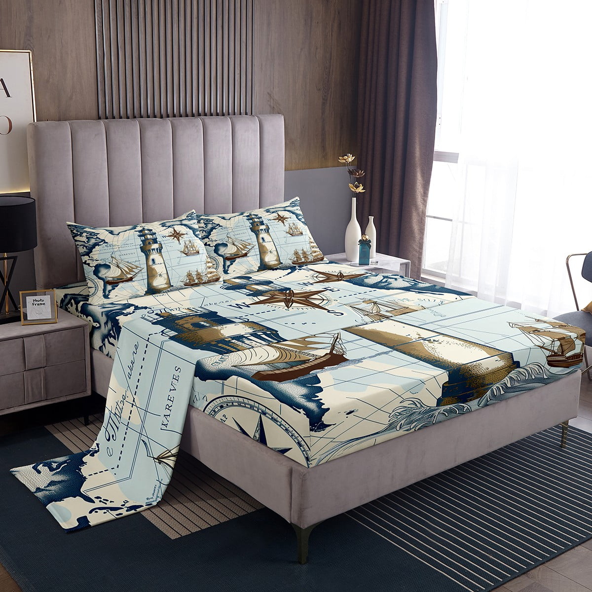 YST Nautical Theme Queen Size Sheet Sets Vintage Lighthouse Sheets ...