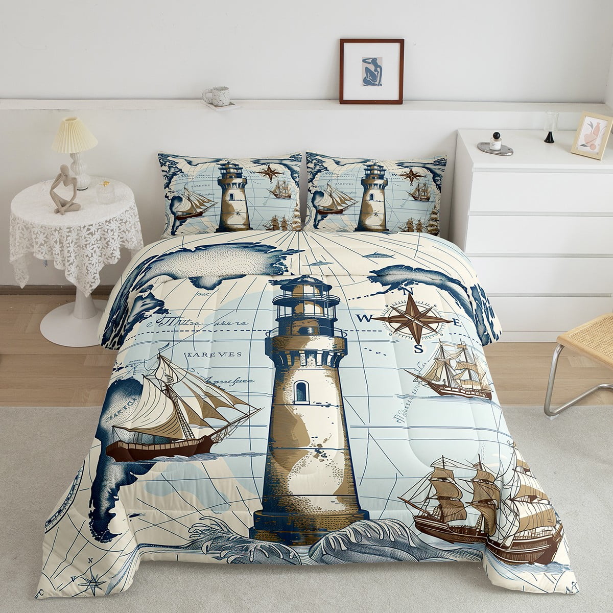 Nautical Theme Twin Comforter Set Vintage Lighthouse Bedding Set ...