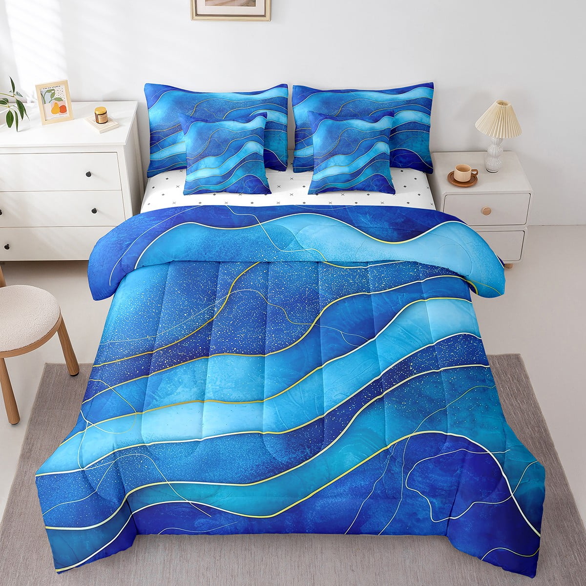 Erosebridal Navy Blue Bedding Comforter Sets 7pcs Geometric Stripe Bed ...