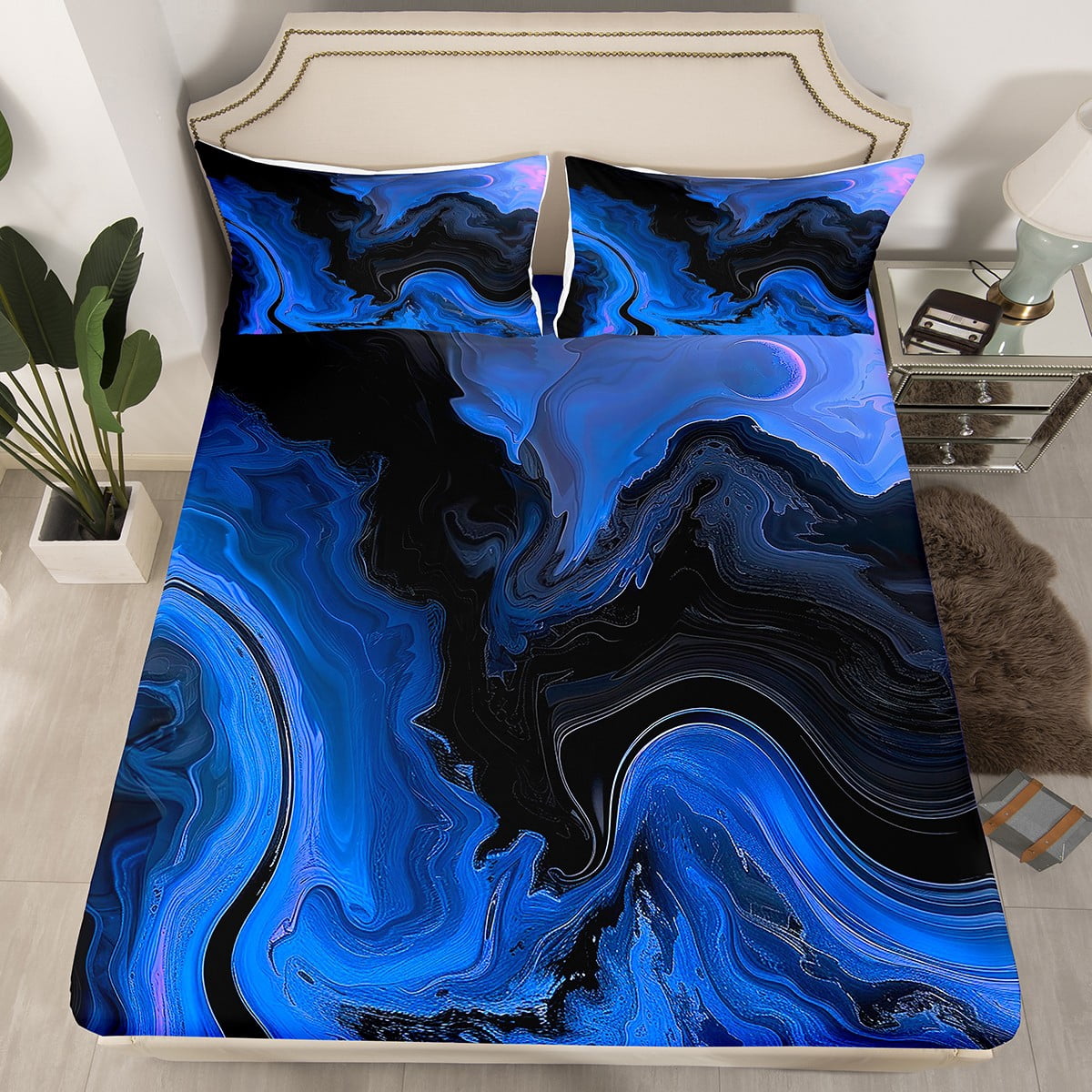 Navy Blue Black Marble Bedding Full Size Modern Abstract Art Bed Sheets ...