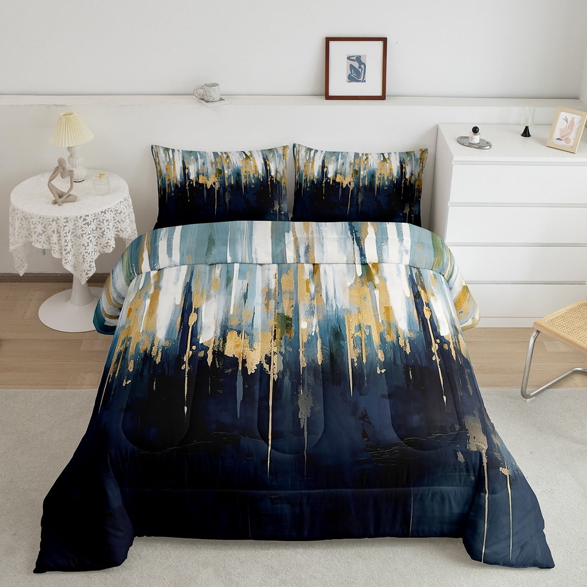 Navy Blue Comforter Set Queen Graffiti Ombre Bedding Set, Brush Strokes ...