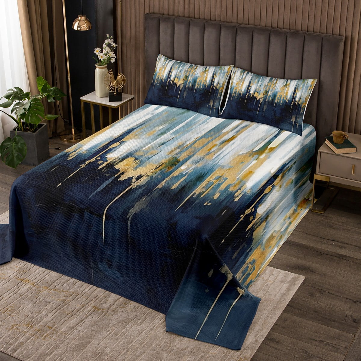 Navy Blue Coverlet Queen Size Graffiti Ombre Bedding Set, Brush Strokes ...