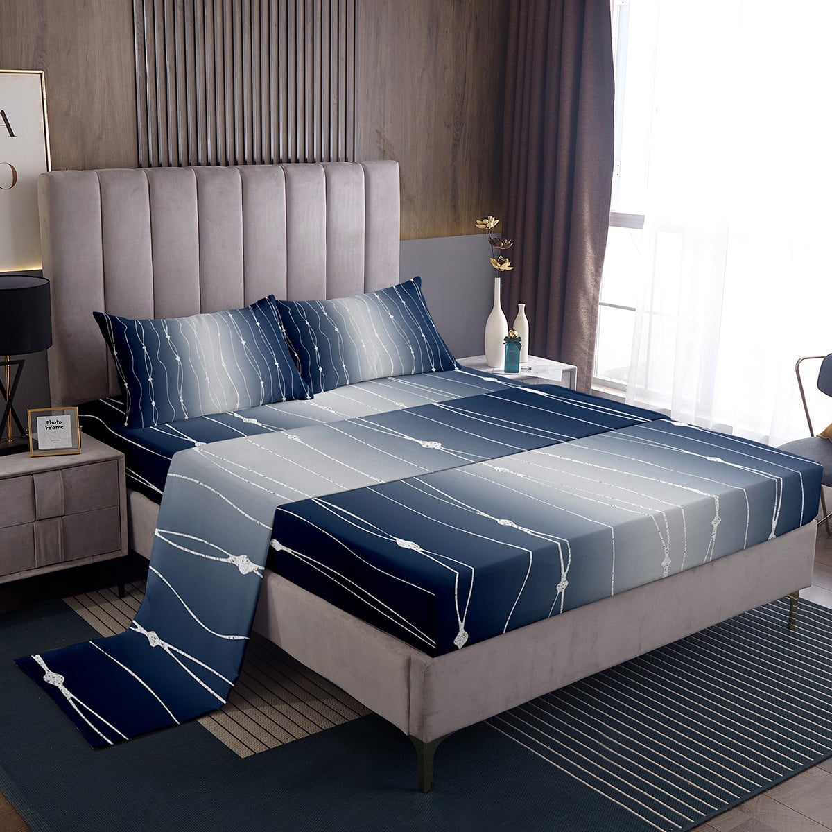 Navy Blue and Gray Gradient Bed Set Watercolor Ombre Bed Sheets Set ...