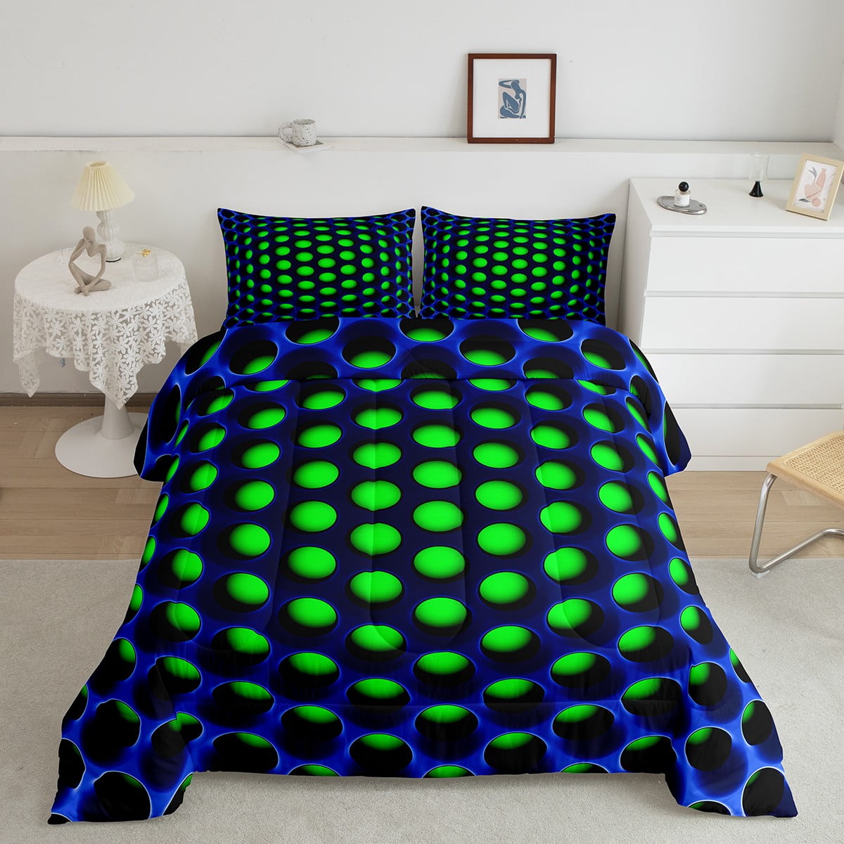 Erosebridal Navy Blue Green Bedding Sets Full, Neon Geometric Comforter ...