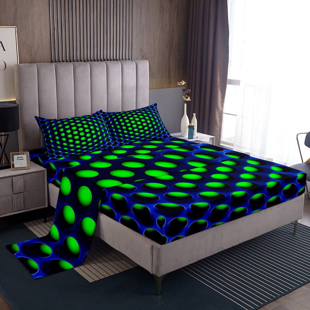 Erosebridal Navy Blue Green Bedding Sets Queen Neon Geometric Sheet Set ...