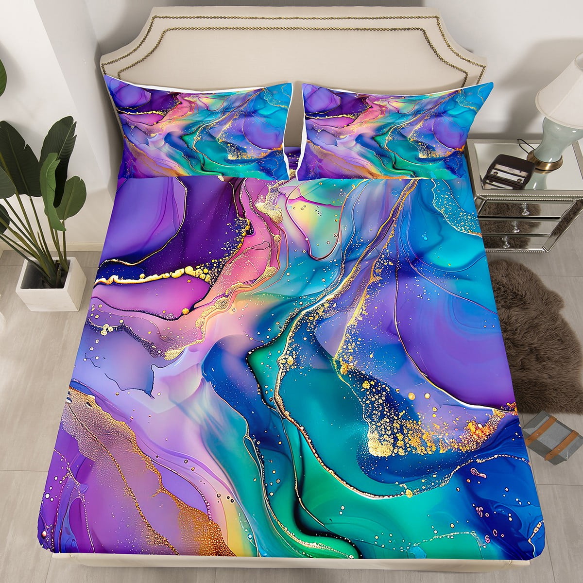 YST Navy Blue Marble Bed Sheets Watercolor Aesthetic Fitted Sheet Queen ...