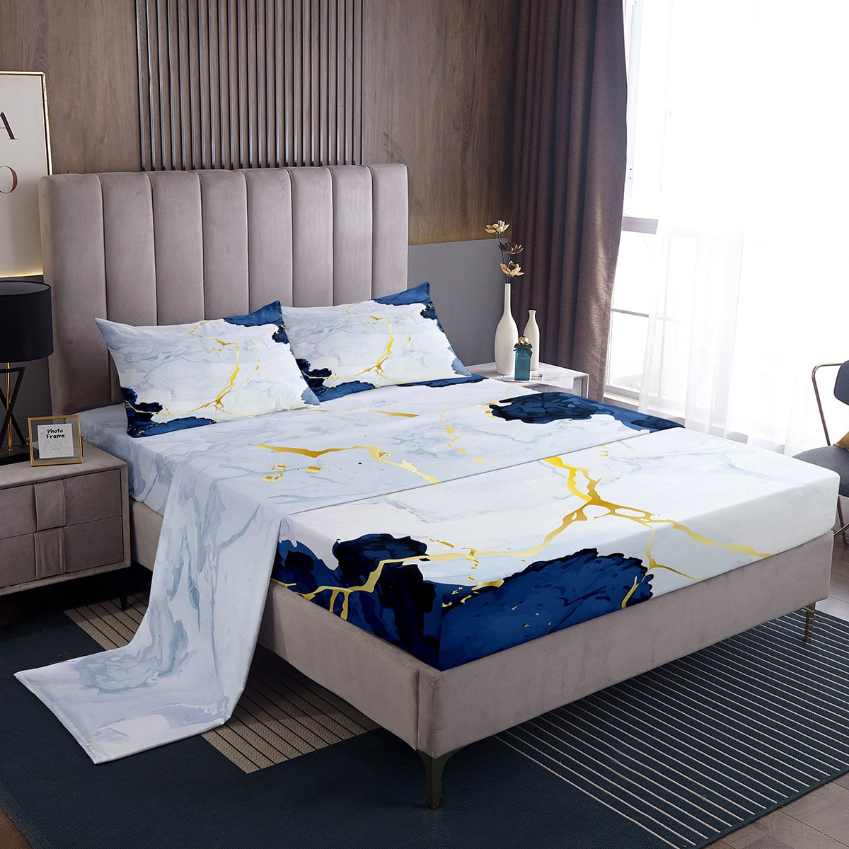 Navy Blue Marbling Bed Set Abstract Marble Bed Sheets Set, Golden ...