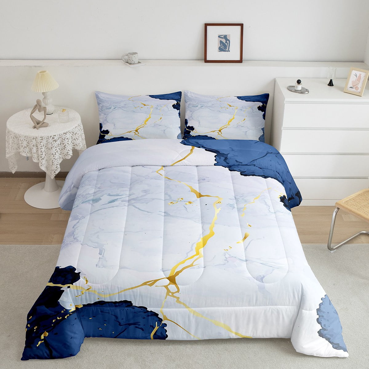 Erosebridal Navy Blue Marbling Comforter Set Twin Abstract Marble ...