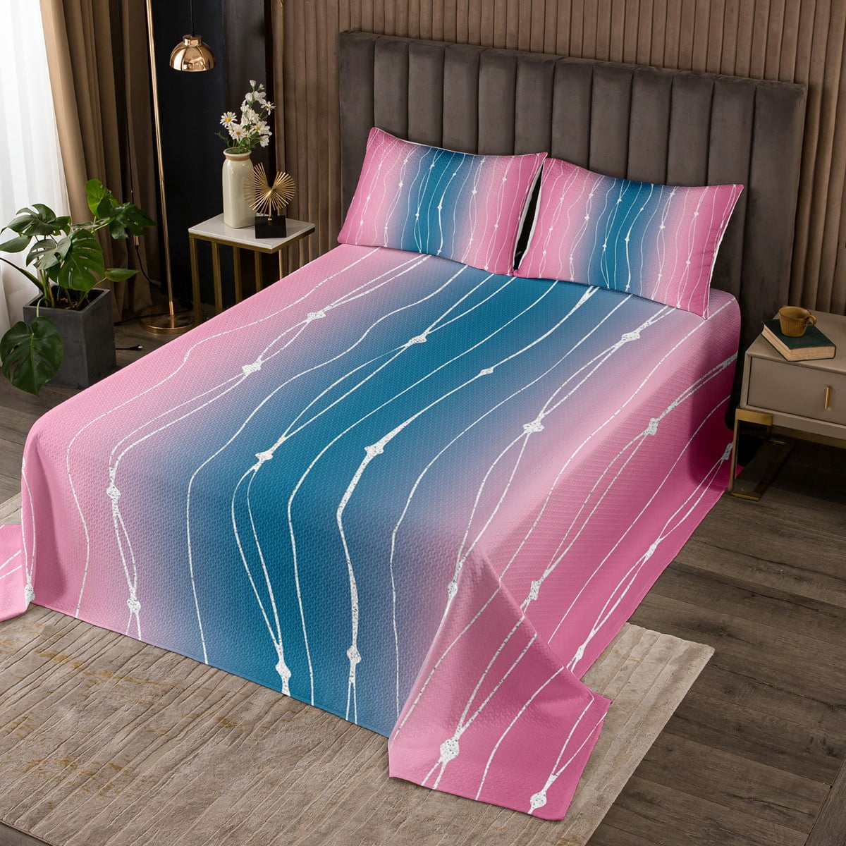 Erosebridal Navy Blue Pink Ombre Bedspread Queen Size Geometric ...