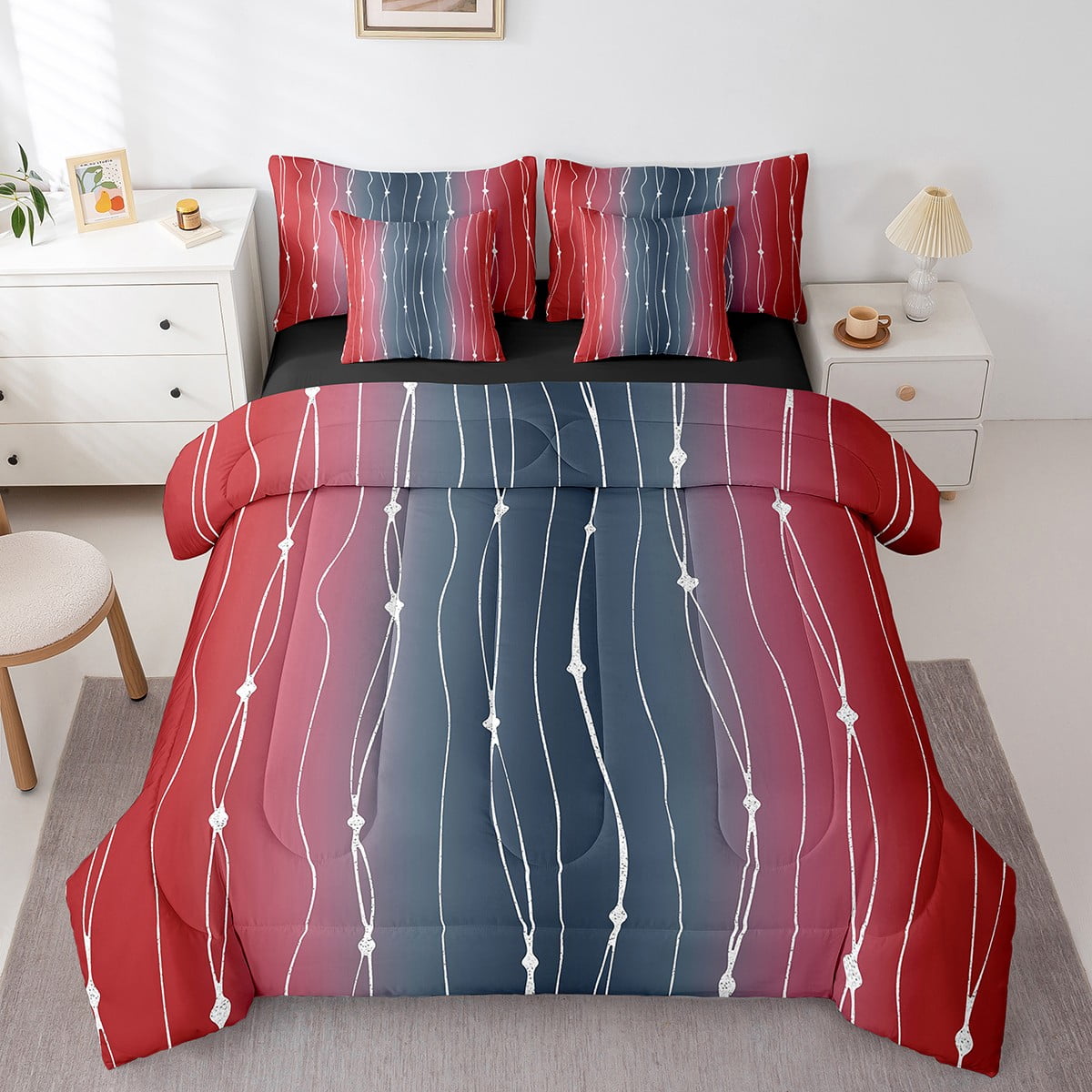 Navy Blue and Red Gradient Bed in a Bag 7pcs Aesthetic Ombre Bedding ...