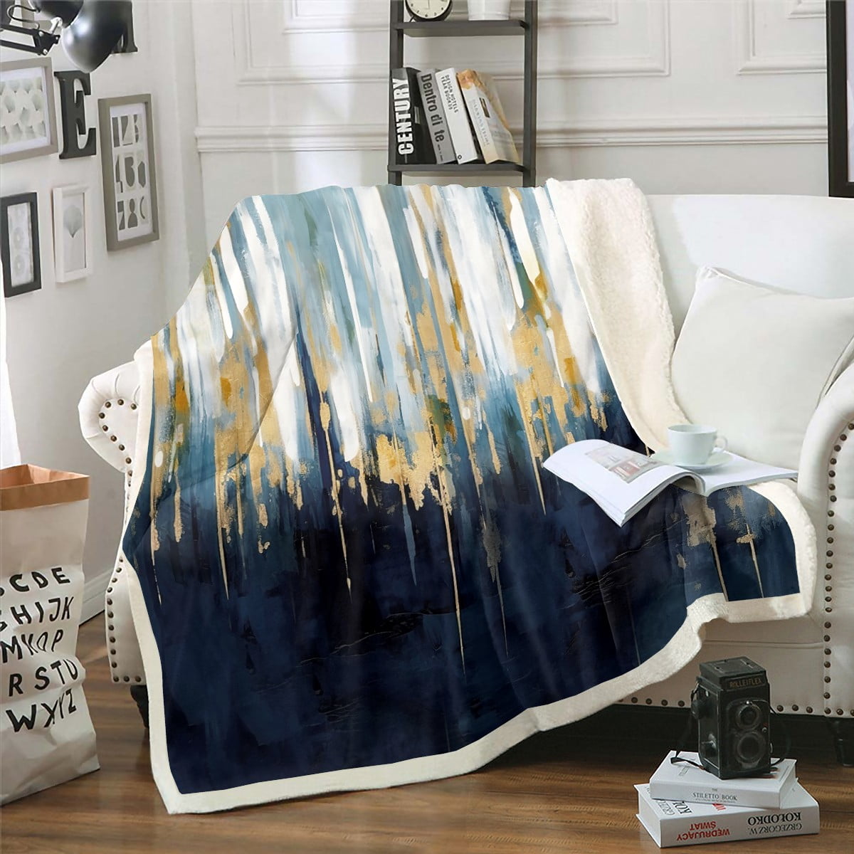 Navy Blue Sherpa Blanket Graffiti Ombre Blanket, Brush Strokes Oil ...