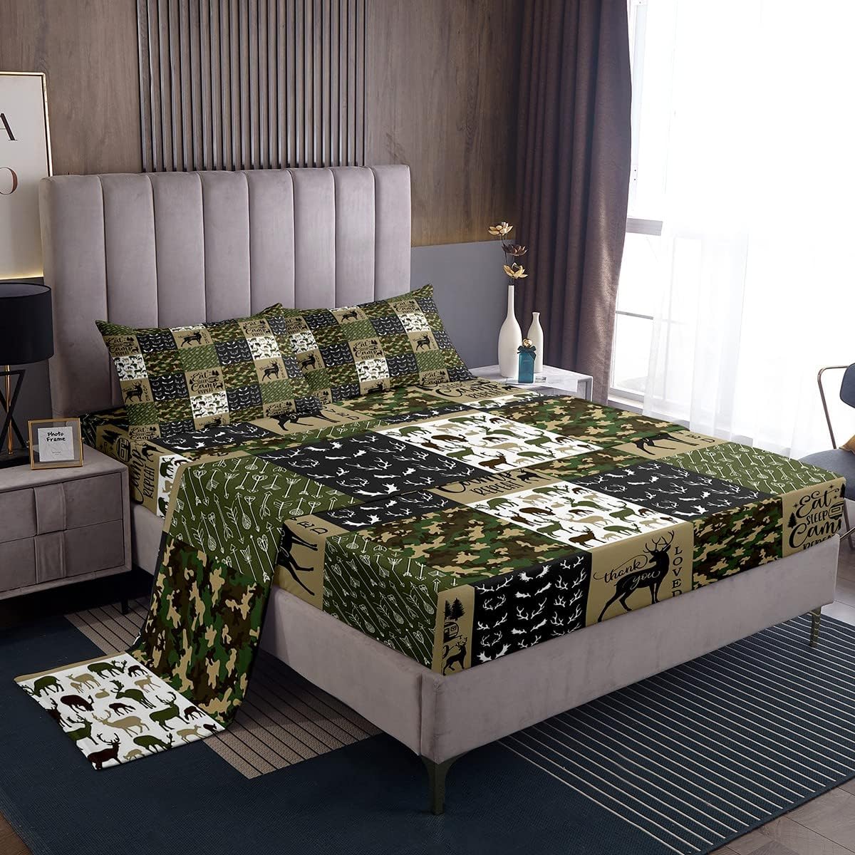 Erosebridal Navy Green Camo Sheet Set,Rustic Deer Bed Sheets King ...
