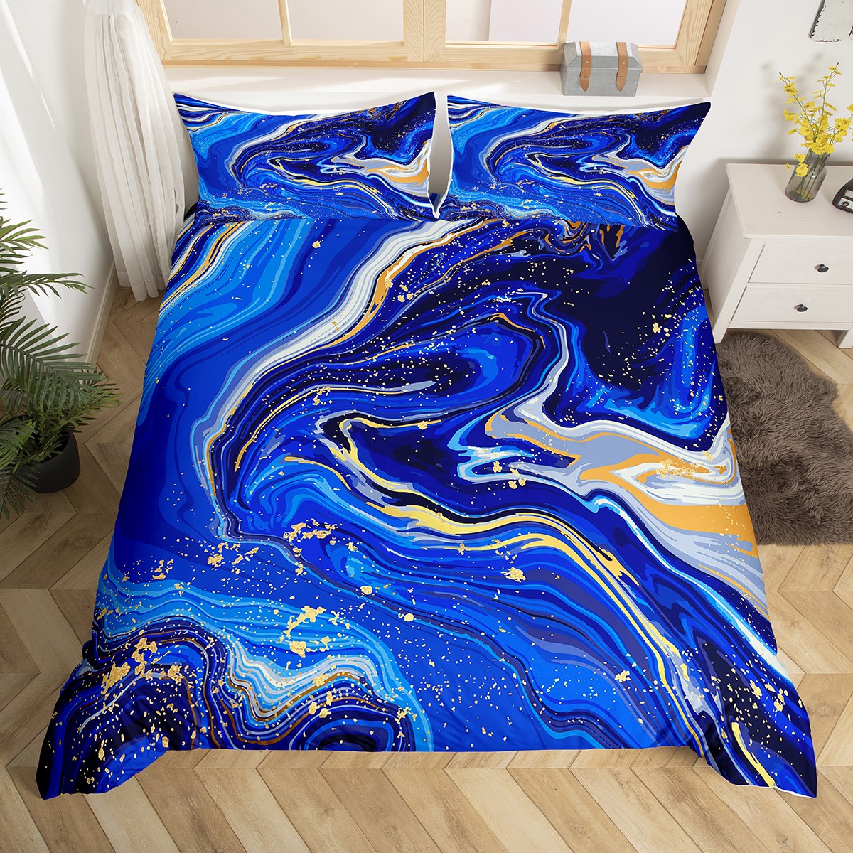 Navy Marbling Bed Set Blue Abstract Artwork Duvet Cover, Colorful Foil ...