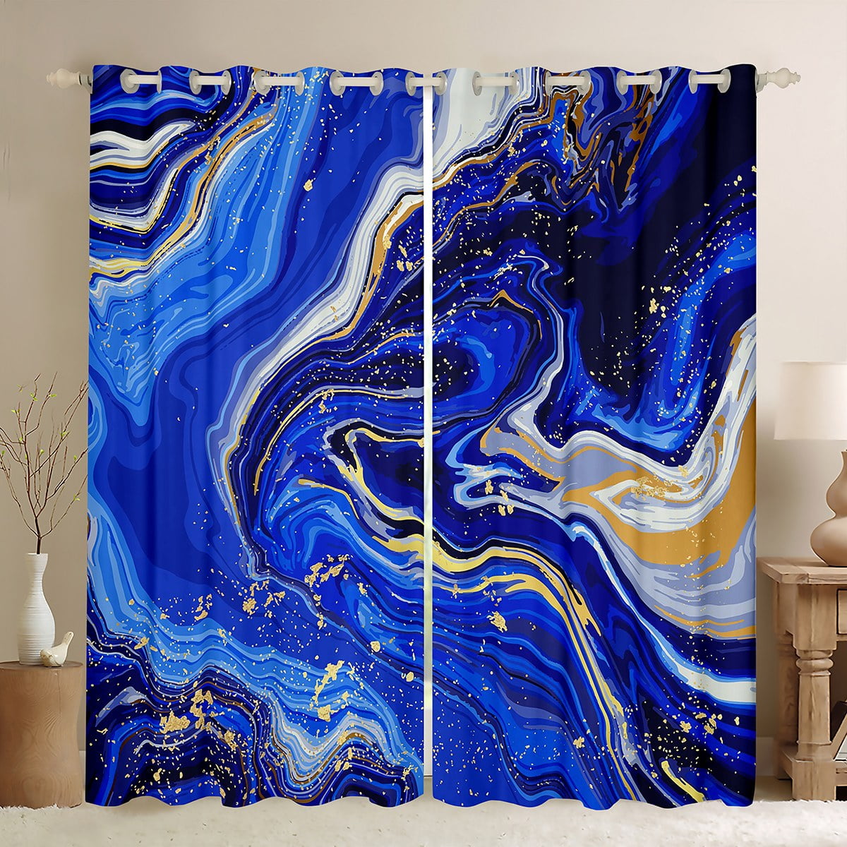 Erosebridal Navy Marbling Curtains & Drapes Blue Abstract Artwork ...
