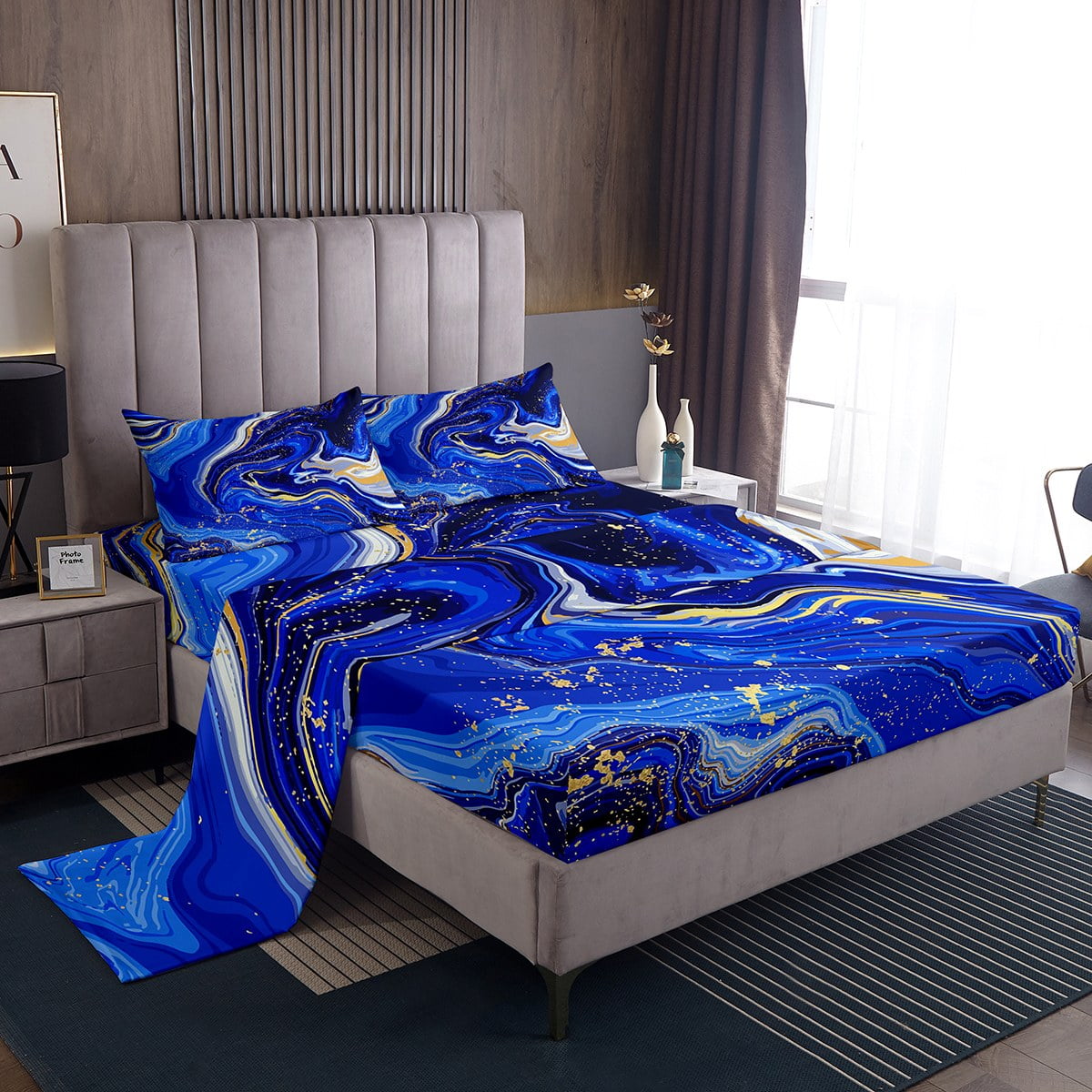 YST Navy Marbling Queen Sheets Blue Abstract Artwork Bed Set, Colorful ...