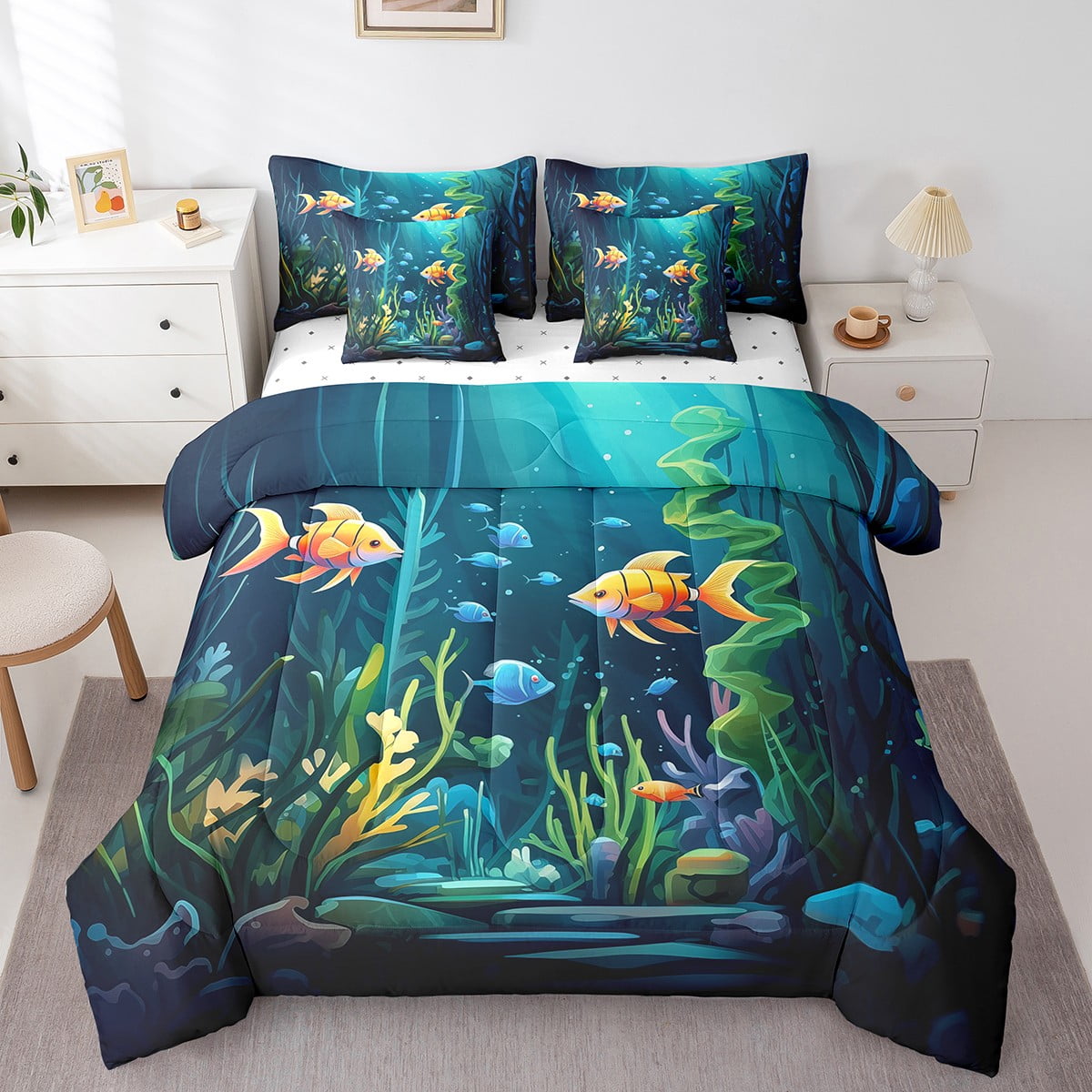 Navy Sea Bed In A Bag 7-Piece Cartoon Fish Queen Size Comforter Set,Green Coral Seaweed Bed In A ...
