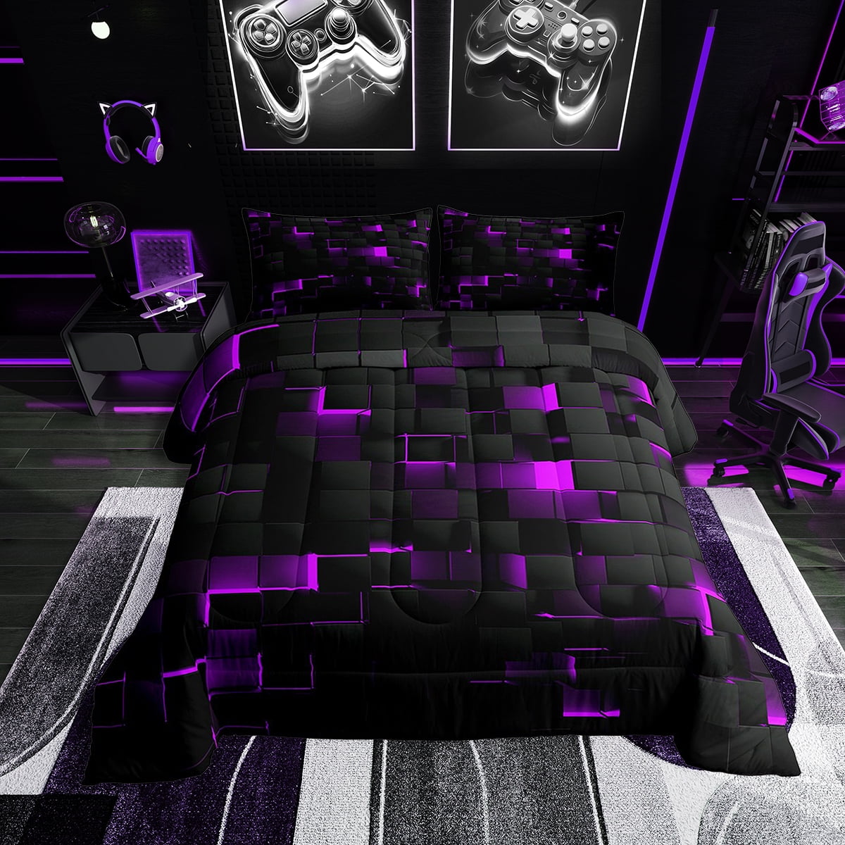 Neon Black Purple Comforter Set Queen Abstract Geometric Grid Checkered ...